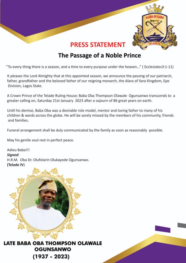 Alara of Ilara Kingdom loses father, Baba Oba Thompson Ogunsanwo — The ...